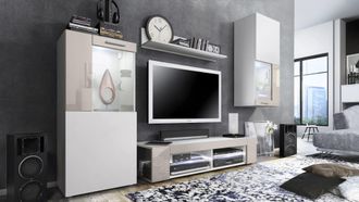 Vladon Wohnwand Movie, Anbauwand bestehend aus 1 TV-Board, 2 Vitrinen und 1 Regal, Wei&szlig; matt/Wei&szlig; matt/Sandgrau Hochglanz, inkl. LED-Beleuchtung wei&szlig; (Gesamt