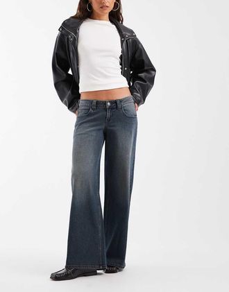Hollister jean coupe baggy taille ultra basse avec d&eacute;tail ajustable d&eacute;lavage bleu fonc&eacute;