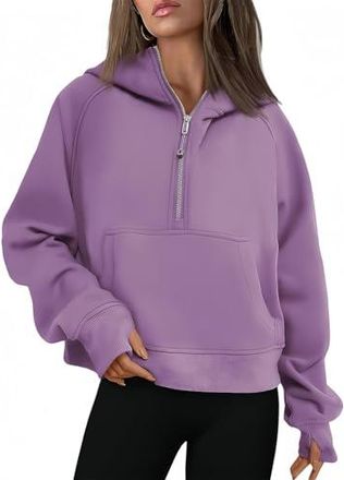 Generic Sweat-shirt surdimensionn&eacute; &agrave; manches longues et demi-fermeture &eacute;clair pour femme, avec trou pour le pouce et poches, violet, XXL