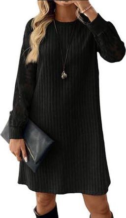 Generic Robe tricot&eacute;e pour femme - Robe pull c&ocirc;tel&eacute;e avec manches en dentelle florale - Col rond - Robe midi trap&egrave;ze - Coupe ample pour week-end, brunch, caf&eacute;