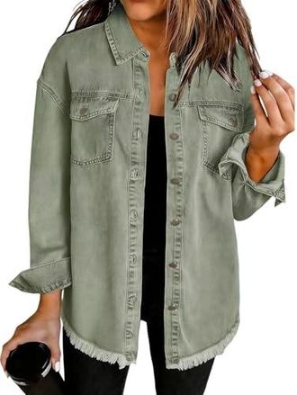 Generic Veste d&eacute;contract&eacute;e en jean &agrave; manches longues pour femme avec ourlet effiloch&eacute;, Vert, XXL