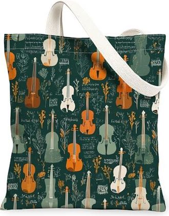 Generic Sacs fourre-tout artistiques vintage en toile, motif floral violon, sacs d&eacute;picerie r&eacute;utilisables, l&eacute;gers et lavables avec bandouli&egrave;re pour Tra, vert, 