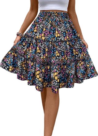 SOLY HUX Damen Rock Knielang Sommerrock Bohmisch Blümchenmuster Freizeitrock A Linie Midirock Sommer Urlaubsrock Hohe Taille Casual Röcke Schwarz XL