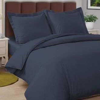 Pizuna Coton Ensemble de Housses de Couette 260x220 cm 2 Personnes Bleu foncé, 100% Coton Longue durée en Percale Housse de Couette avec Fermeture à Boutons 