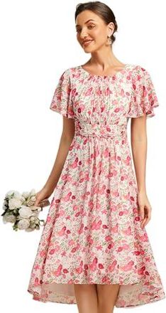 Ever-pretty Robe dInvité de Mariage Femme Longueur Manches Volantées Plissé Mousseline Au Genou Col Rond Robe de Soirée Élégante White Red 50