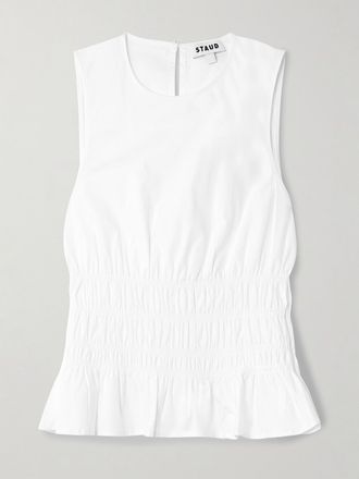 Staud Culver Shirred Cotton-blend Poplin Peplum Top - White
