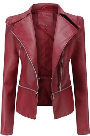 Generic Veste courte en similicuir pour femme avec col rabattable, rouge vin, 4XL