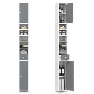 Costway GOPLUS Armoire de Salle de Bain Haut, avec 2 Portes, 1 Tiroir, 5 &Eacute;tag&egrave;res R&eacute;glables, Dispositif Anti-basculement, Meuble Colonne Rangement pour Petits