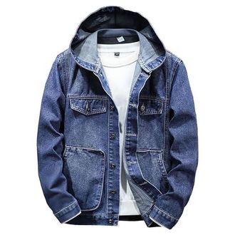 Generic Veste en jean unisexe pour homme, manteau en jean d&eacute;contract&eacute; &agrave; manches longues, style trucker, capuche, bleu fonc&eacute;, taille XX Large