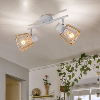 Globo Lighting Plafonnier blanc plafonnier spots en bois pour plafond, 2 spots flamme mobiles, style campagnard aspect bois métal blanc naturel, 2x douilles