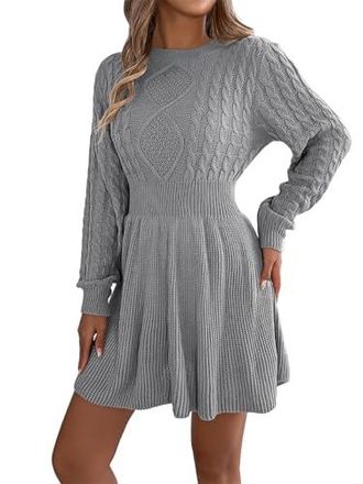 Generic Robe dautomne unie en tricot &agrave; taille courte cintr&eacute;e pour femme, col rond, manches longues, taille cintr&eacute;e, tenues tendance, Gris, XL