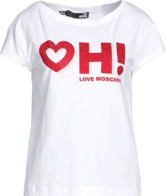 Love Moschino T-Shirt Damen T-Shirt Heart OH! mit Strassdetails Boxy Fit mit Herzmotiv, verziert mit roten Strasssteinen