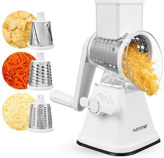 Nutrichef 3 in 1 K&auml;se Reibe & Raspel | Starker Saugfu&szlig;, Rotary Griff mit Sicherheitsverschluss | Inklusive Handkurbel & 3 Trommeln f&uuml;r 3 Texturen, Fein, Mittel 