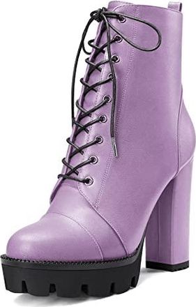 Castamere Femmes Haut High Talon Heel Plate-forme Bloc Chunky Rond Bout Bottines Lacets Fermeture à Glissière Bottes Violet 38 EU