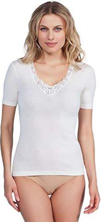 EGi T-shirt à manches courtes en laine mérinos de luxe pour femme (XS à XXL). Fabriqué en Italie., Blanc cassé/bordure macramé, Taille XS