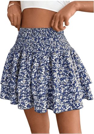 SOLY HUX Damen Rock Sommer Böhmisch A-Linien Röcke Blumenmuster Kurz Rock Hohe Taille Sommerrock Mehrschichtig Casualrock Strandoutfit Dunkelblau XS