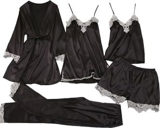 Generic Robe De Chambre Femme Boutonn&eacute;e Peignoire Femme V&ecirc;tements De Nuit Dentelle 5 Pi&egrave;ces Pyjama Femmes Soyeux Ensemble V&ecirc;tements Nuit Ensemble Sexy Pyjama 