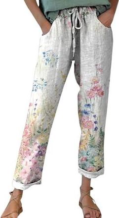 Generic Pantalon Lin Femme &Eacute;t&eacute; Fluide D&eacute;contract&eacute; Womens Autumn Fragrant Linen Print Casual Pants Perfect for Spring Comfortable and Trendy for Relaxed Days a