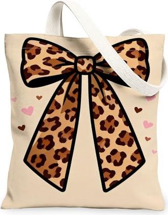 Generic Sac fourre-tout en toile avec noeud imprim&eacute; l&eacute;opard, motif animal &eacute;l&eacute;gant, sacs d&eacute;picerie r&eacute;utilisables, l&eacute;gers et lavables en toile avec bandouli&egrave;re,