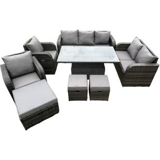 Fimous Wicker pe Rattan Outdoor Gartenm&ouml;bel Sets H&ouml;henverstellbarer aufsteigender Esstisch Liegestuhl Sofa Set mit 3 Fu&szlig;hockern Dunkelgrau gemischt - Fimous