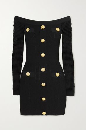 Balmain Schulterfreies Minikleid Aus Strick Mit Zierknöpfen - Schwarz
