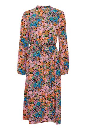 Ichi IHDUNALA DR Damen Freizeitkleid Kleid 100% Viskose Midi-Blusenkleid mit G&uuml;rtel Langarm Regular-Fit, Gr&ouml;&szlig;e:38, Farbe:Pink Multi Flower (201341)