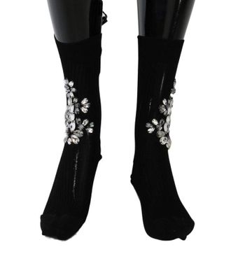 Dolce & Gabbana Womens Black Knitted Floral Clear Crystal Socks Cotton Clothing