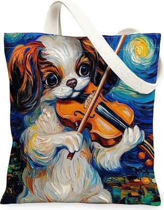 Generic Sac fourre-tout en toile motif chien japonais pour faire du shopping, 33 x 38,1 cm, motif violon nocturne &eacute;toil&eacute;, sac d&eacute;picerie r&eacute;utilisable pour femm