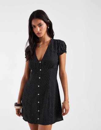 Hollister Robe courte &agrave; pois et col V - Blanc-noir
