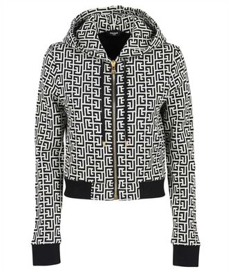Balmain Monogram Printed Cropped Zip Up Hoodie Size 35.5