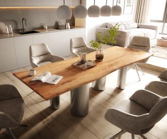 DELIFE Esstisch Edge 260x100 Akazie Natur Pilier Edelstahl geb&uuml;rstet Live-Edge, Esstische, Baumkantenm&ouml;bel, Massivholzm&ouml;bel, Massivholz