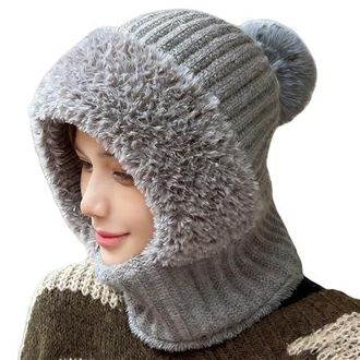 Generic Bonnet 3 en 1 pour femme avec doublure en polaire coupe-vent chaud tricot&eacute; - Cagoule dhiver - Masque de ski - Cache-cou pour temps froid, gris, Taille