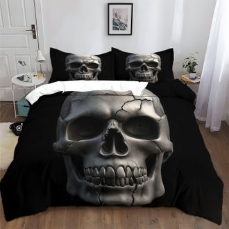 Generic Bettbezug Gothic 3D Totenkopf Muster, Mikrofaser Bettbezug 150 x 200 cm mit Reißverschluss, Schwarz Weich Bettwäsche Set mit 2 Kissenbezügen 80 x 80 c