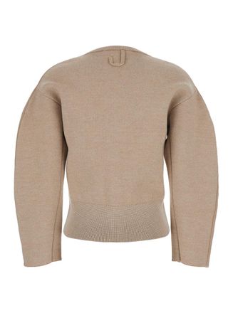 Jacquemus Womens Beige Cardigan With Round Neck And Ribbed Trims Wool Tops Top