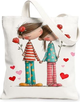 Generic Sacs fourre-tout mignons en toile, motif coeur ludique, sacs d&eacute;picerie r&eacute;utilisables, l&eacute;gers et lavables en toile pour magasin, blanc, 13x15 Inch