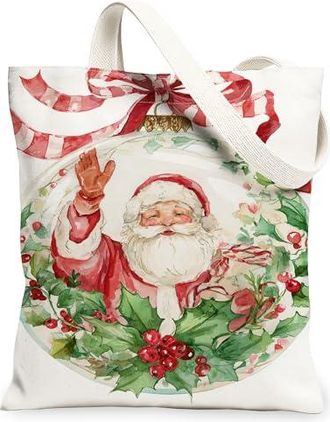 Generic Sacs fourre-tout en toile de No&euml;l, motif P&egrave;re No&euml;l, sacs de courses r&eacute;utilisables, l&eacute;gers et lavables avec bandouli&egrave;re pour courses, voyage, plage, 33