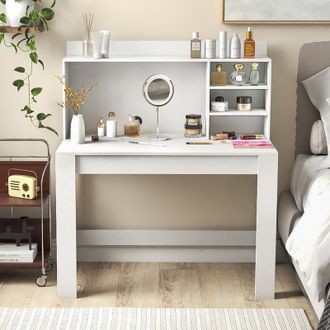 Giantex Schreibtisch mit Steckdose, Computertisch mit Aufsatz, PC-Tisch f&uuml;r Studentenwohnheim, Schlafzimmer & Arbeitszimmer, 108 x 60 x 125 cm (Wei&szlig;)