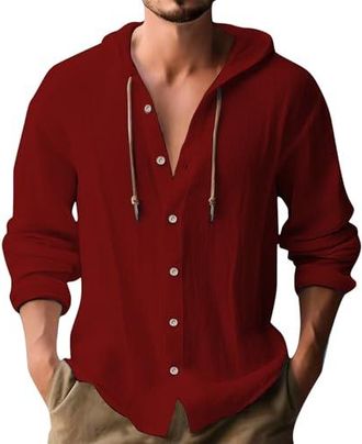 Generic Chemise en lin pour homme - Coton et lin - Sweat &agrave; capuche - Manches longues - Chemise d&eacute;t&eacute; &agrave; manches longues avec capuche - Boutonni&egrave;re - Couleur uni