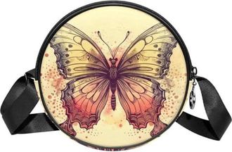 Generic Sac &agrave; bandouli&egrave;re rond pour femme, motif papillon vintage, petit sac &agrave; bandouli&egrave;re avec fermeture &eacute;clair, bretelles r&eacute;glables, sac &agrave; main rond d&eacute;contr