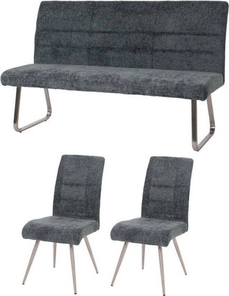 Hhg Esszimmer-Set 102, 2er-Set Stuhl + Sitzbank 160cm, Edelstahl geb&uuml;rstet Stoff/Textil Chenille blau-gr&uuml;n