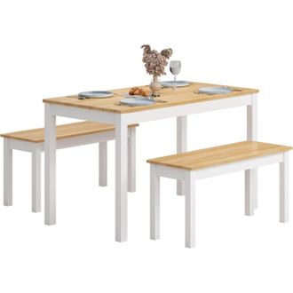 Soges Ensemble de salle &agrave; manger 3 pi&egrave;ces en bois avec 2 bancs de style maison de campagne - Blanc et Teck