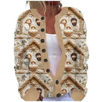 Generic 2026 Vestes de No&euml;l pour femme Cardigan Veste porte-bonheur imprim&eacute;e &agrave; poitrine, kaki, 4XL
