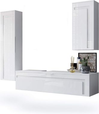 Vladon Badmöbel Komplettset Aloha, Made in Germany, Korpus in Weiß matt/Fronten in Weiß Hochglanz mit Absetzungen in Weiß Hochglanz