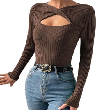 Generico Pull pour femme - Sweat-shirt uni ajusté - Chaud, élégant et sexy - Haut bas tendance - Pull en tricot avec motifs unis croisés - T-shirt à manches lo