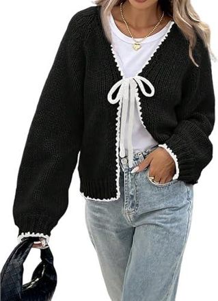 Generic Cardigan ouvert sur le devant avec noeud papillon et col en V, cardigan tendance pour femme avec noeud &agrave; nouer sur le devant, Noir, XL