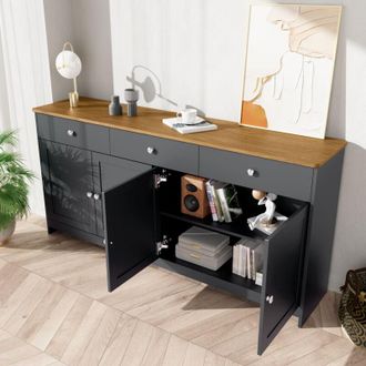 STILVORA Buffet Et Enfilade avec 4 Portes et 3 Tiroirs, &Eacute;tag&egrave;res R&eacute;glables, Style Campagne, en MDF, Noir Et Gris, 160&times;37&times;75 cm