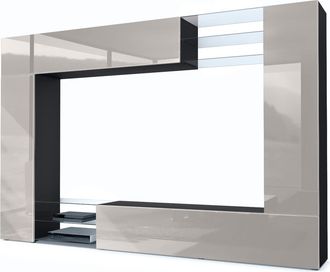 Vladon Wohnwand Mirage, Made in Germany, Anbauwand mit Rückwand mit 2 Türen, 2 Klappen und 6 offenen Glasablagen, Schwarz matt/Sandgrau Hochglanz (262 x 183 