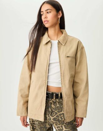 Stradivarius Jacke in Steinbeige mit Taschen und Kontrast-Kragen-Wei&szlig;