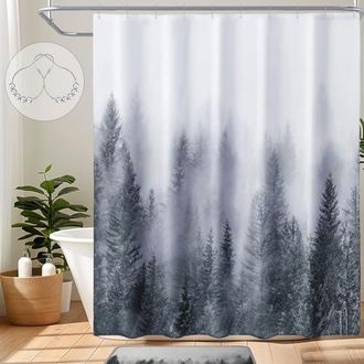 Ortigia Grauer Duschvorhang für Badezimmer, Nebelwald, Duschvorhang-Set mit rostfreien Haken, dekorativer Kiefernbaum, Nebel, magischer Badvorhang für Zuhause