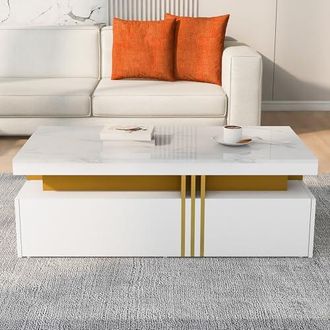 Merax Table basse moderne avec plateau brillant marbr&eacute; et 2 tiroirs en bois, 100 x 50 x 40 cm, pour salon et bureau, blanche